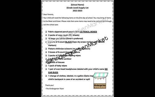 Back to School Supply List Editable Template | Kindergarten & Primary Grade
