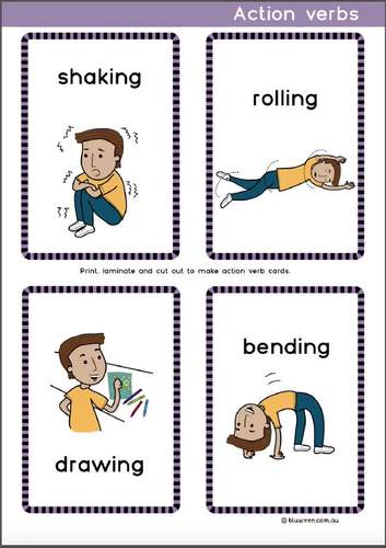 Illustrated Action Verb flash cards & worksheets by Bluwren | TPT