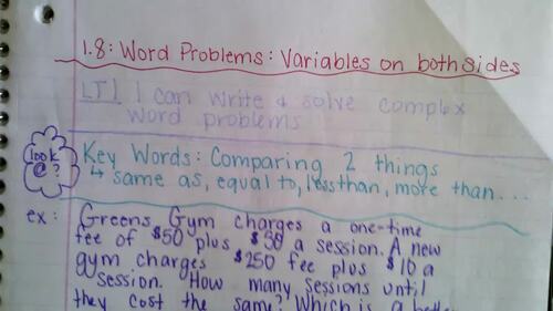 1.8 Video Notes: Variables on Both sides word Problems by McDonald's Math