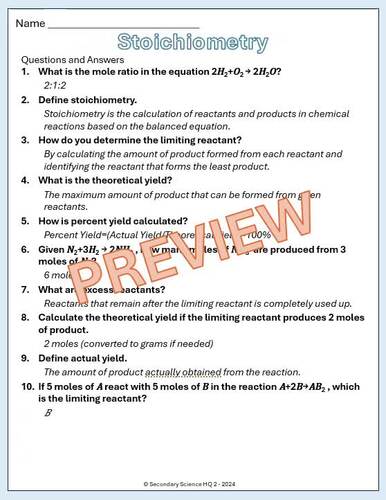 Stoichiometry | Chemistry Printable Study Guide and Review | TPT