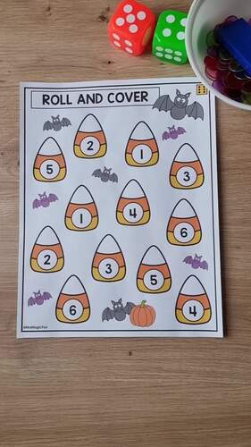 Roll & Cover Halloween, Candy Corn Math Dice Game, 3 Levels, Numbers 1–18