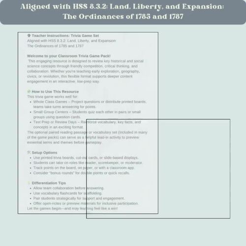 The Land Ordinances of 1785 and 1787 Trivia Game - HSS 8.3.2 | TPT