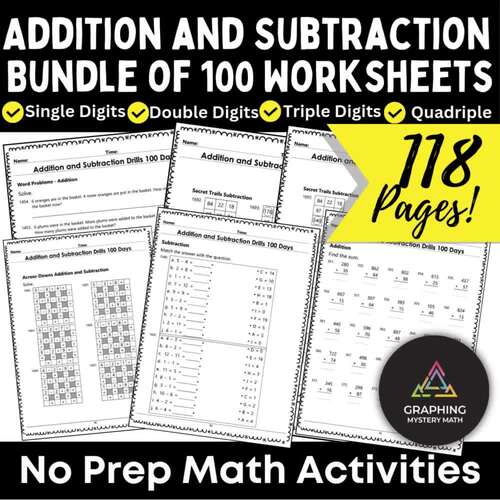Addition & Subtraction Bundle of 100 Worksheets Timed Math Drills Word ...