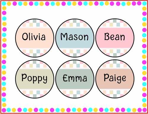 Round Boho Checkered Student Name Labels, KG Calm Colors Name Plates
