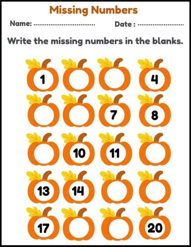 Pumpkin Missing Numbers Worksheets | Fall Math Practice PreK–1st, from 1–20
