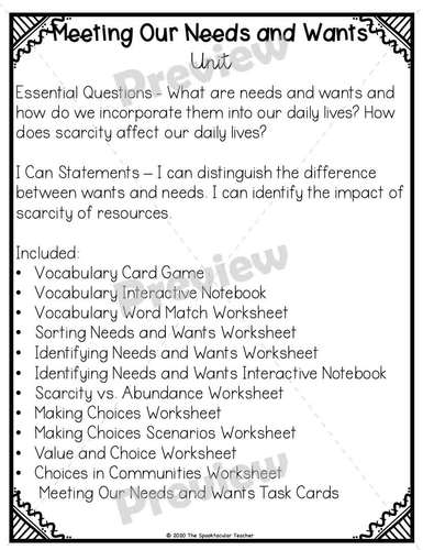 Meeting Our Needs and Wants Unit by The Spooktacular Teacher | TPT