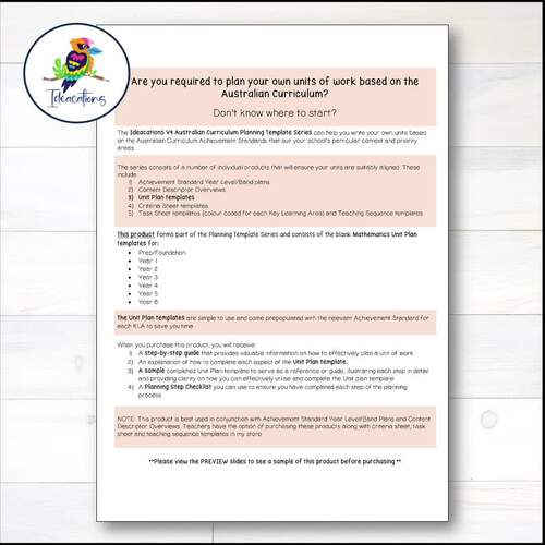 V9 Australian Curriculum MATHEMATICS Unit Plan Templates - F-Year 6 ...