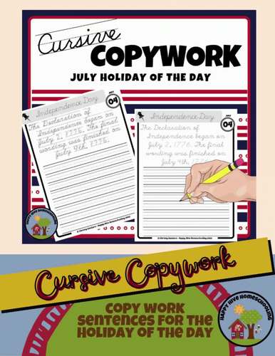 July Copywork Handwriting Practice CURSIVE by Happy Hive Homeschooling