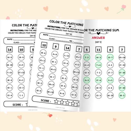 Color the Matching Sum: Addition & Subtraction Activity Worksheets (Set ...