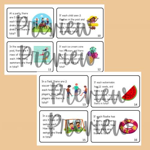 Summer Multiplication Word Problems Task Cards -Seasonal Math Centers