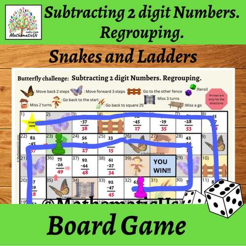 Subtraction 2 Digit Numbers with Regrouping Butterfly Board Dice Game ...