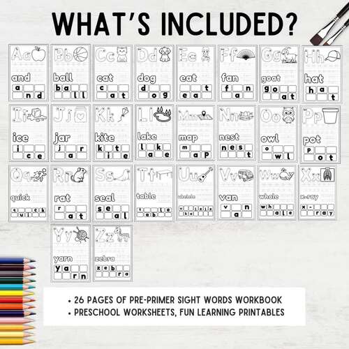 Pre-Primer Sight Words Workbook, Pre-school Activity by Otters Joy Designs