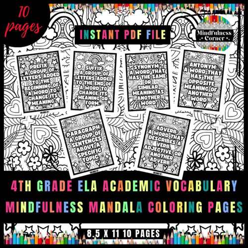 4th Grade ELA Academic Vocabulary, Bulletin Board, Printable Coloring Pages