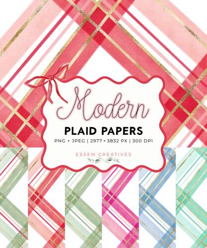 Modern Plaid Tartan Digital Papers with Hand painted Coquette Bows Clipart