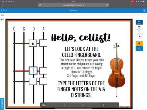BOOM CARDS | Cello Fingerboard A and D strings | self checking note naming