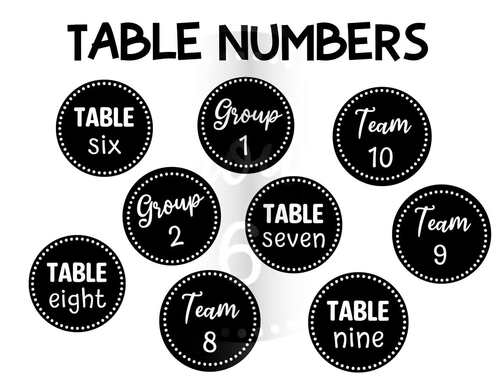 Black and White Classroom Table Numbers, Table, Team and Group Numbers