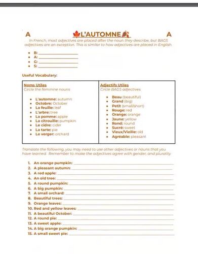 L'automne : Fall French BAGS Adjectives-Differentiated Practice *Print ...