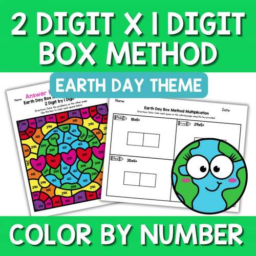 2 Digit by 1 Digit Multiplication Box Method Area Model Earth Day Color ...