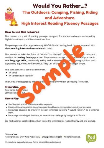 Would You Rather? Reading Fluency Passages Game Outdoors, Camping, Fishing