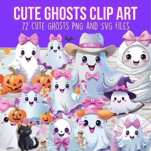 Cute Ghosts Halloween Clip Art Bundle, 72 Ghost PNG and SVG Files