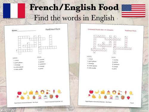French/English food vocabulary crossword puzzles | TPT