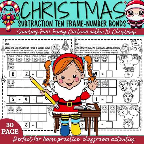 Christmas Ten Frame Subtraction and Number Bonds Within 10 Math Worksheet