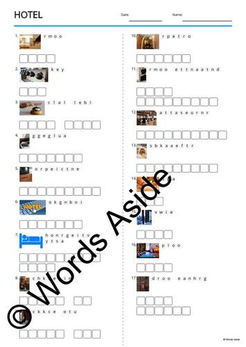 Vocabulary Puzzle Writing Worksheets Crossword Word Search Anagram HOTEL