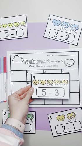 Valentines Subtraction to 5 Solve The Room Task Cards Kindergarten Math ...