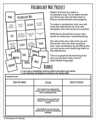 Novel Vocabulary Collection Template and Vocabulary Mat Project | TPT
