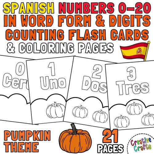 Spanish Black & White Flash Cards Counting Numbers 0-20 With Pumpkin ...
