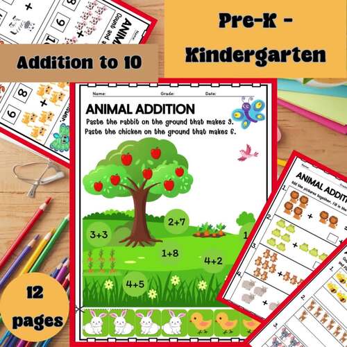 Animal Addition Worksheets | Cut and Paste| Counting Animal | Addition ...
