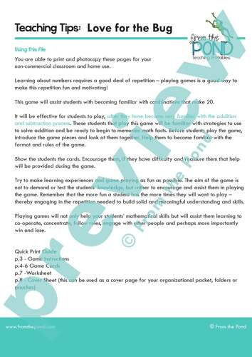 Addition to 20 Math Game – Love for the Bug Activity by From the Pond