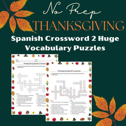 Spanish Thanksgiving Crossword - Día de Acción de Gracias Crucigrama No ...