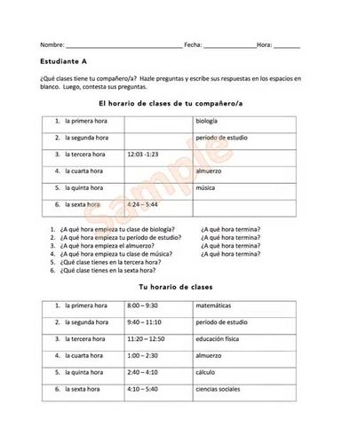 La hora Telling Time in Spanish and Classes Vocabulary Speaking Activity