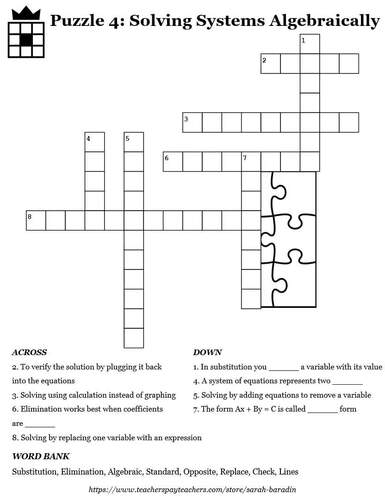 8th Grade Math Equations, Solutions & Systems Crossword Puzzle With ...