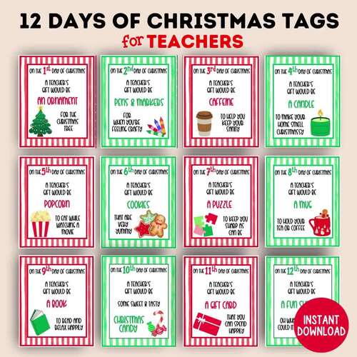 Teacher Christmas Gift, Printable 12 Days of Christmas Gift Tags for ...