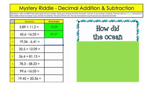 Adding and Subtracting Decimals Digital Activity Tenths and Hundredths