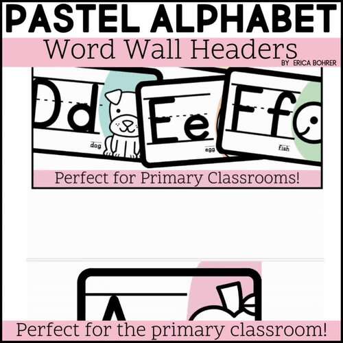 Pastel Alphabet Word Wall Headers with Pictures - Calming Phonics Based