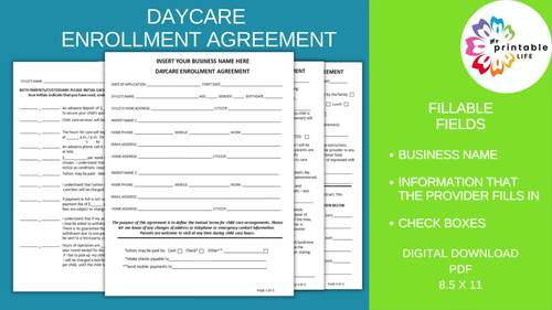 Daycare Enrollment Agreement Child Care Contract by My Printable Life