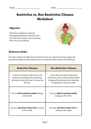 Restrictive vs. Non-Restrictive ELA Clauses Grammar Worksheets for 7th ...
