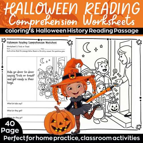 Halloween Reading Comprehension Worksheets with Coloring Pages and History
