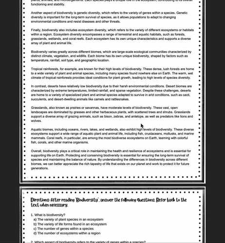 Biodiversity Reading Comprehension Worksheet | Science & ELA | Writing