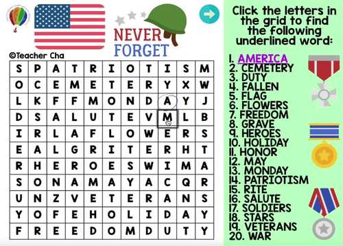 Word Search: Memorial Day Edition (BOOM Cards™ Teletherapy & Distance ...