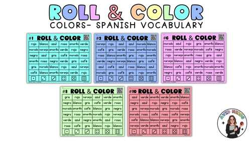 Spanish Colors Vocabulary Worksheets | Roll and Color Games | Editable