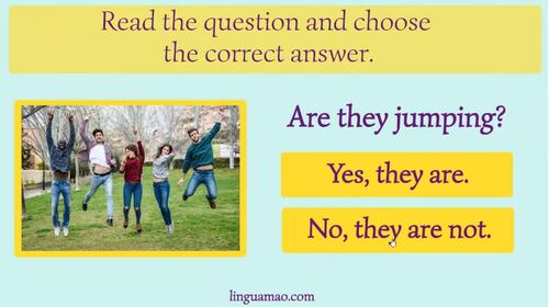 Present Continuous Tense. Short answers. Interactive quiz by Linguamao ESL