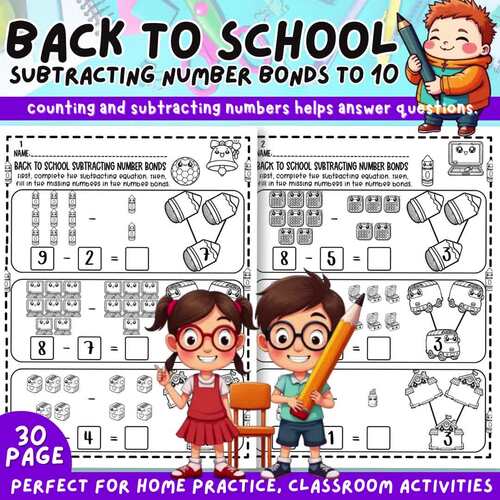 Subtracting Number Bonds within 10 Worksheets, Back to School Math Activity