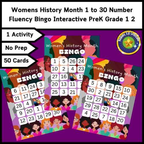 Womens History Month 1 to 30 Number Fluency Bingo Interactive PreK ...