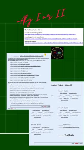Correlation? Data Project (3 Rubrics_Elem/Middle School/ AP Stats) EOY