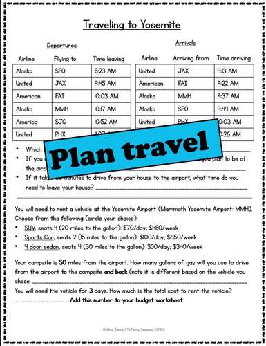 OT Middle School Executive Functioning Activities Plan a Trip Worksheets