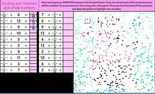 Dividing Unit Fractions and Whole Numbers Valentines Day Math Pixel Art